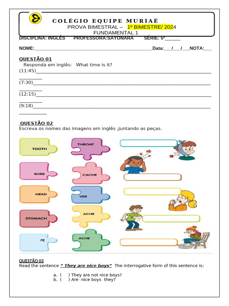 Prova 1ºBIMESTRE 2024 | PDF