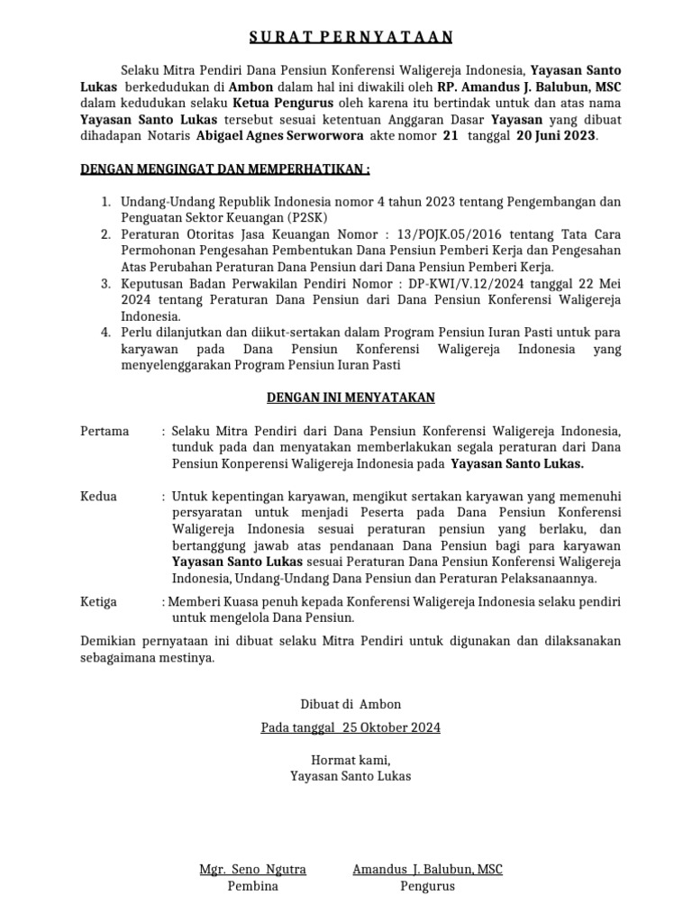 Surat Pernyataan DP-KWI 2024 | PDF | Karier & Perkembangan | Bisnis