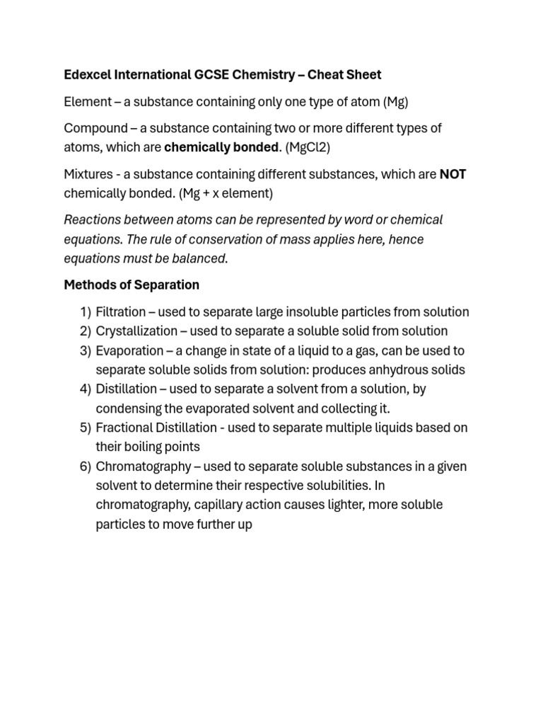 Edexcel IGCSE Chemistry Cheat Sheet | PDF | Ion | Redox