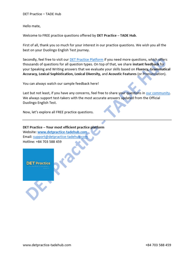 Free Practice Questions Det Practice Tade Hub | PDF | Learning ...