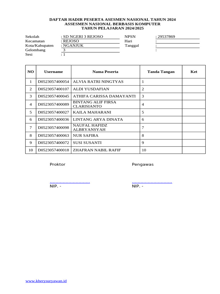 Daftar Hadir Peserta Simulasi ANBK - WWW - Kherysuryawan.id | PDF