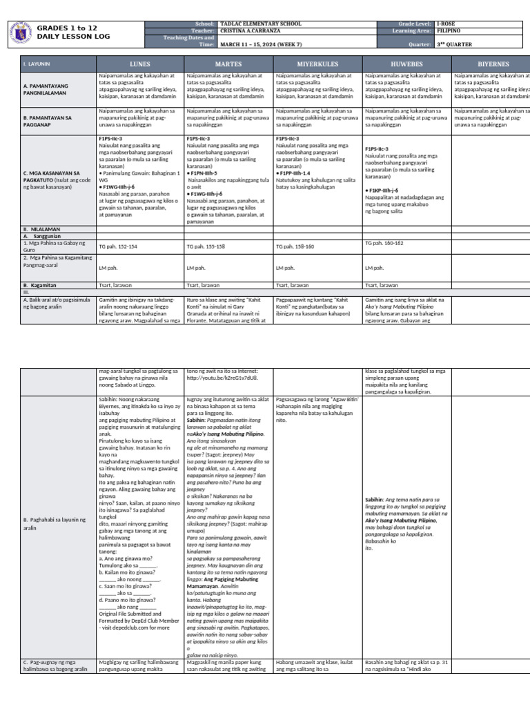 DLL Filipino-1 Q3 W7 | PDF