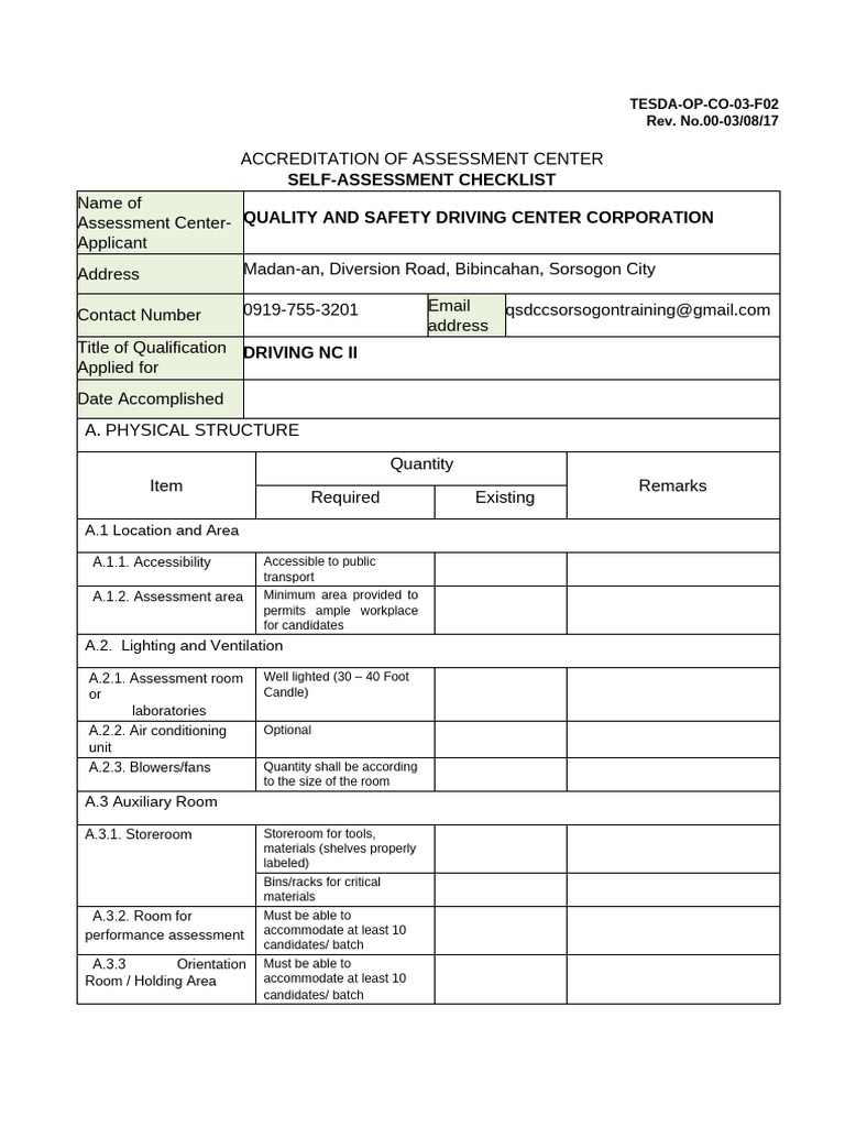 TESDA NC II Driving Assessment Checklist | PDF