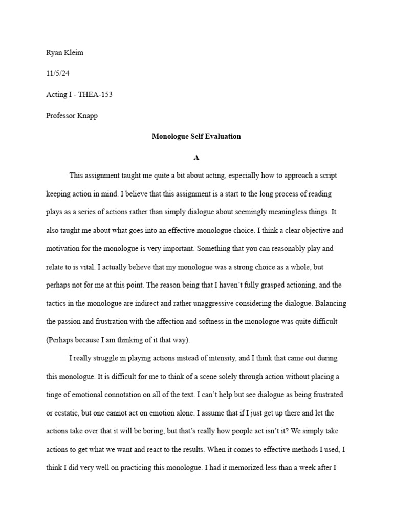 Monologue Self-Eval - Ryan Kleim | PDF | Passion (Emotion) | Psychology