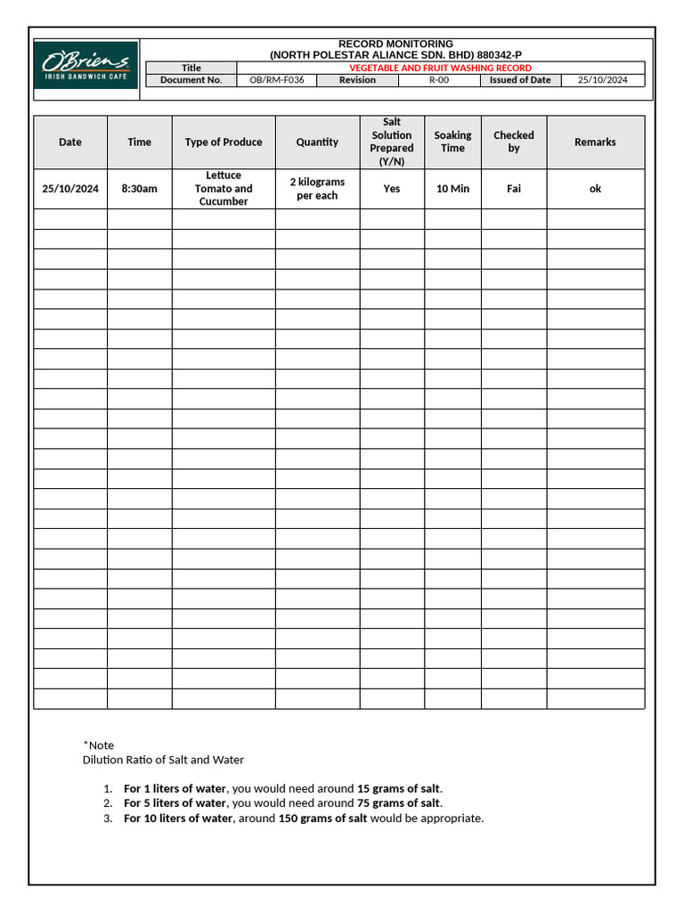 F036-Vegetable and Fruit Washing Record | PDF