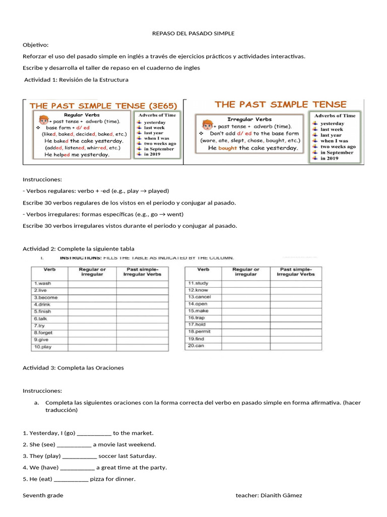 REPASO DEL PASADO SIMPLE Seventh Grade | PDF | Artes del Lenguaje y ...