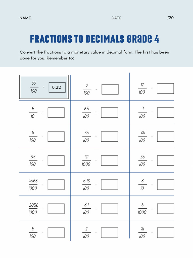 Blue Grade 4 Math Fractions Decimals Worksheet - 20241015 - 081509 ...