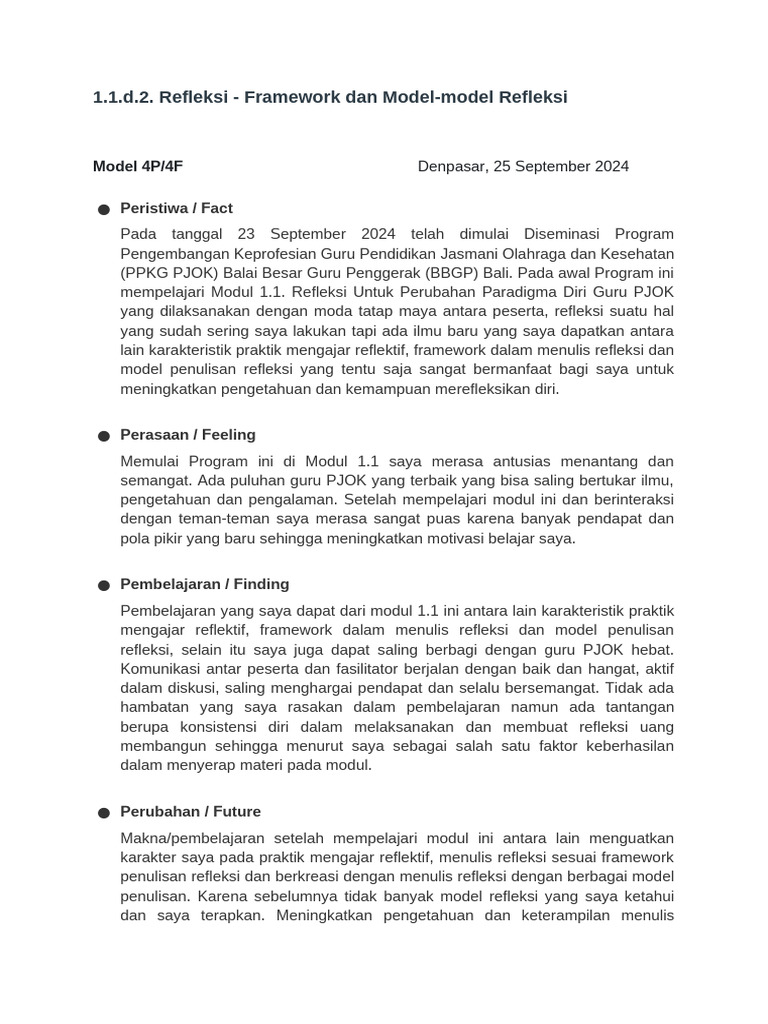 Refleksi Pembelajaran Guru PJOK 2024 | PDF