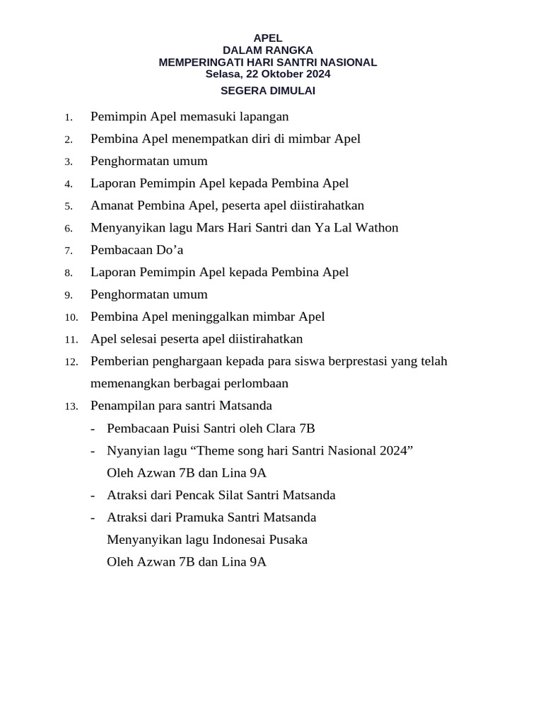 Susunan Acara Apel Hari Santri 2024 | PDF