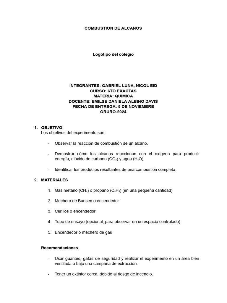 Combustión de Alcanos: Experimento y Resultados | PDF | Combustión | Alcano