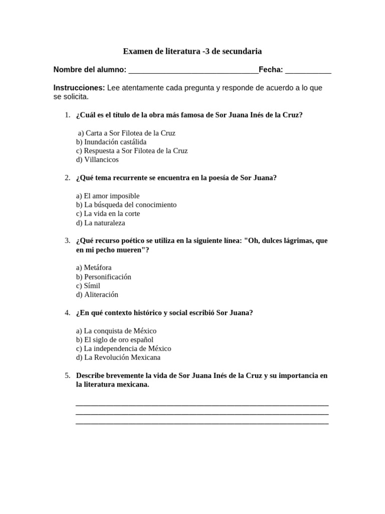 Examen Literatura 3 Sec | PDF