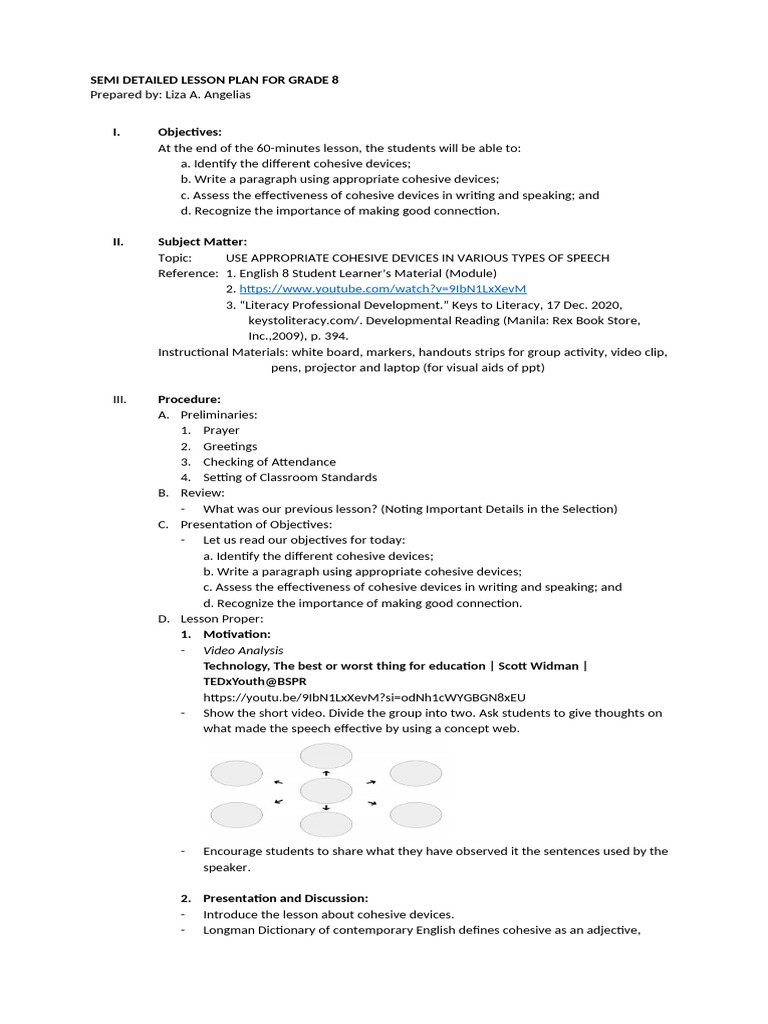 Cohesive Devices Lesson Plan for Grade 8 | PDF | Lesson Plan | Learning
