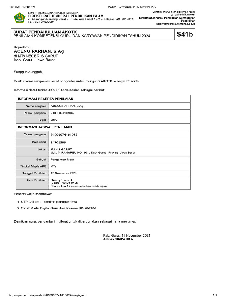 S41b Surat Pengantar AKG PK Aceng | PDF
