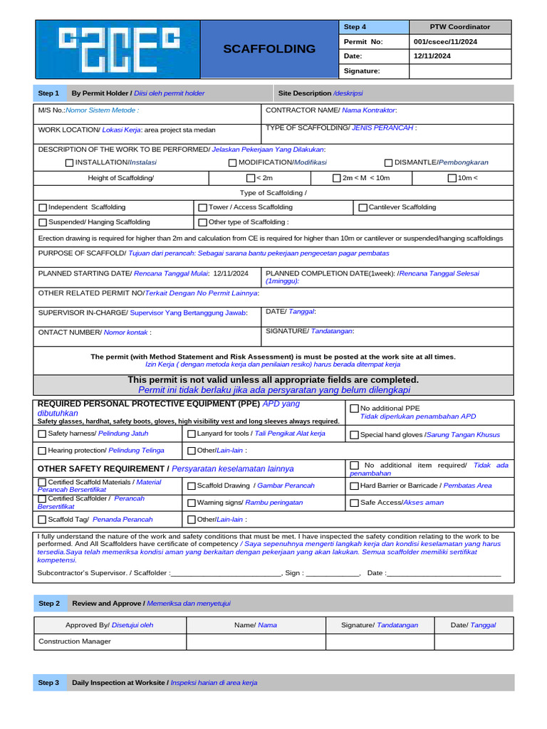 Scaffolding Work Permit Template | PDF