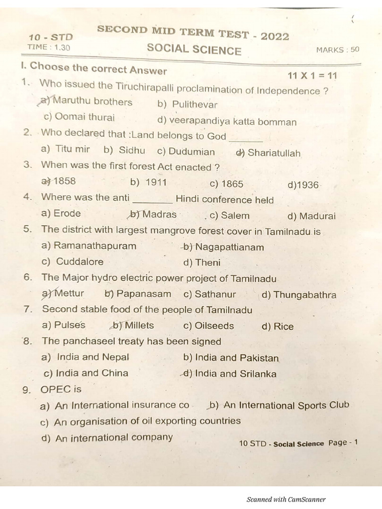 10th Social 2nd Mid Term Exam 2022 Original Question Paper Tirupattur District English Medium ...