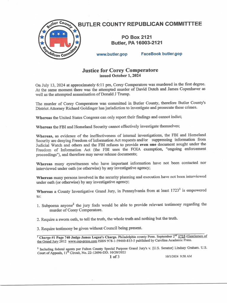 Grand Jury Letter To DA Goldinger 2024-10-01 Executed | PDF