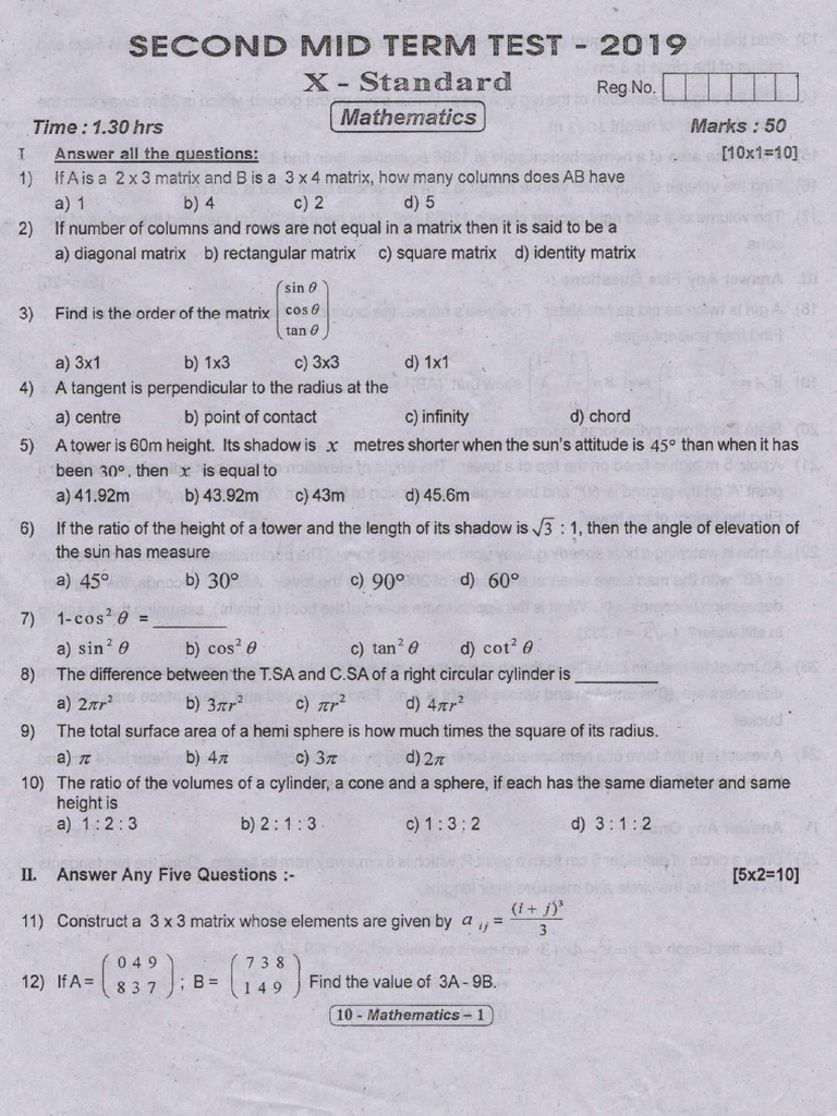 10th Maths 2nd Mid Term Exam 2019 Original Question Paper Tenkasi ...