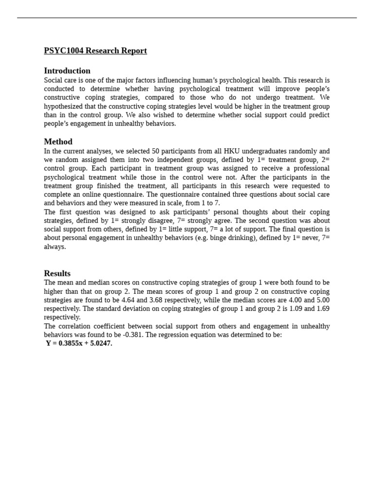 Psyc 1004 Lab Report | PDF | Social Support | Statistical Analysis