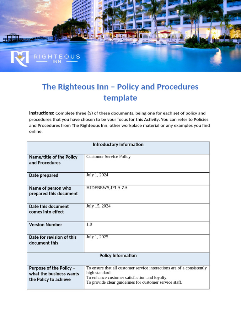 The Righteous Inn Policy and Procedures Template 1 | PDF | Housekeeping ...