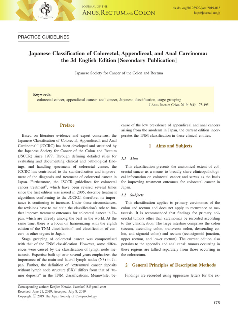 Japanese Classification of Colorectal, Appendiceal, and Anal Carcinoma ...