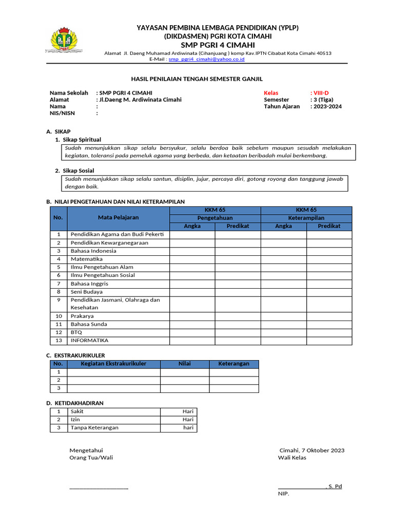 Format Rapor PTS Kelas VIII Ganjil 23-24 | PDF | Karier & Perkembangan