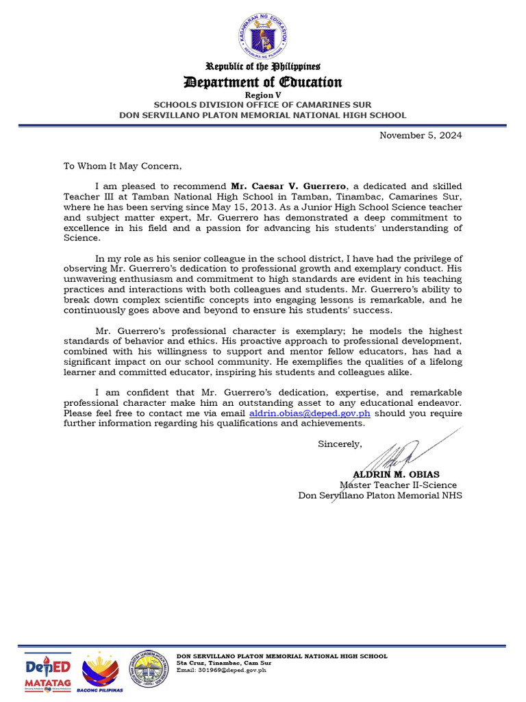 Recommendation Letter Caesar v. Guerrero | PDF | Teachers | Cognition