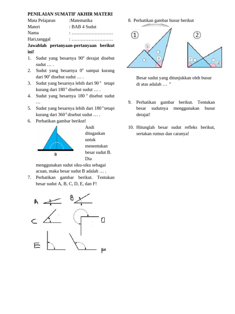 Penilaian Sumatif MATEMATIKA BAB 4 Sudut | PDF | Olahraga & Rekreasi | Metode & Bahan Ajar