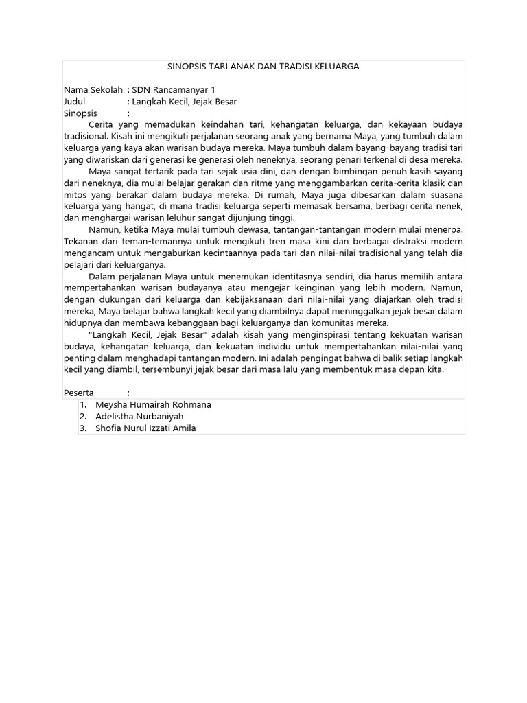 Sinopsis Tari Anak Dan Tradisi Keluarga | PDF