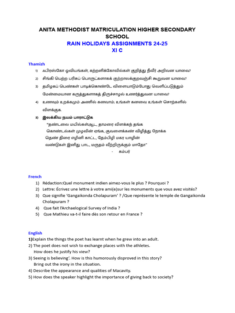 (HSS Rain Holidays Assignments 24-25) Xi C | PDF