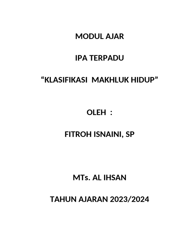 MTs. Al Ihsan Modul Ajar IPA - Karakteristik Makhluk Hidup Dan Benda - Fase D | PDF | Sains ...