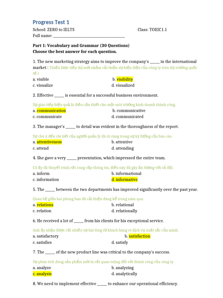 Progress Test 1 TOEIC1 1 v2 | PDF