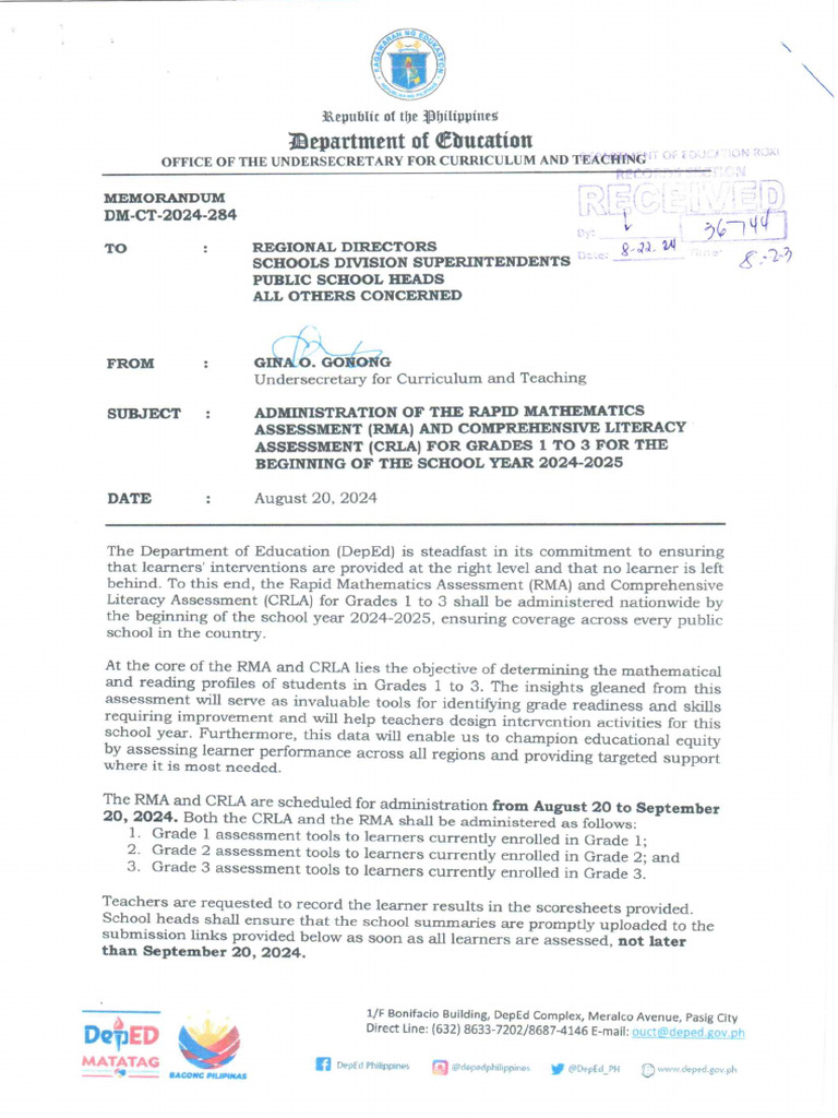 DM-CT-2024-284 - Administration of CRLA and RMA SY 2024-2025 | PDF