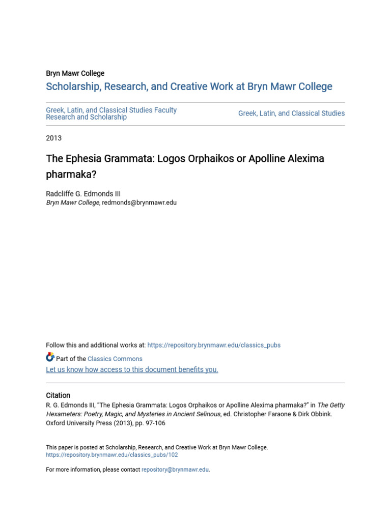 The Ephesia Grammata - Logos Orphaikos or Apolline Alexima Pharmak ...