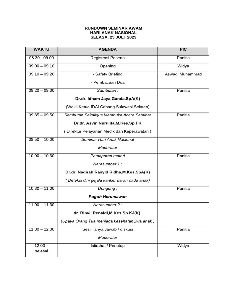 2023 - Rundown Seminar Awam Hari Anak Nasional | PDF | Sains & Matematika