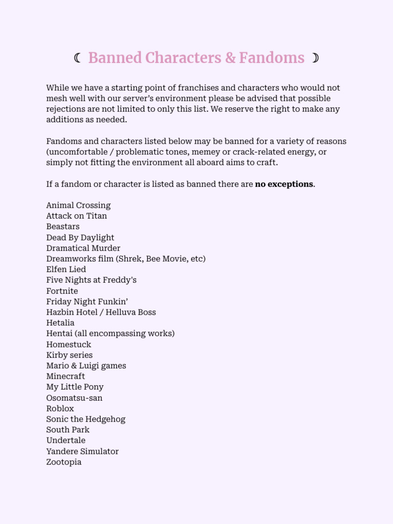 Banned Fandoms and Characters List | PDF
