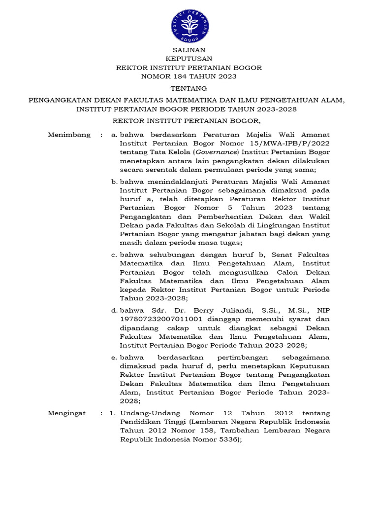 SK Rektor No. 184 Tahun 2023 Tentang Penugasan Dekan FMIPA 2023-2028 | PDF