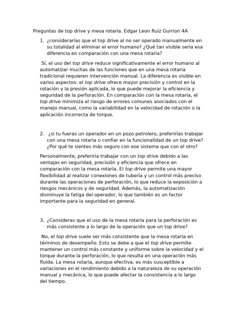 Comparativa: Top Drive vs Mesa Rotaria | PDF | Perforación | Evolución
