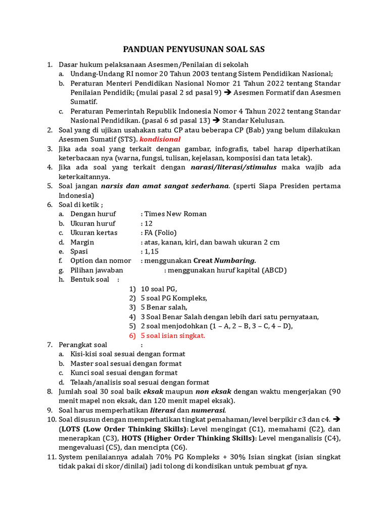Panduan Penyusunan Soal SAS | PDF
