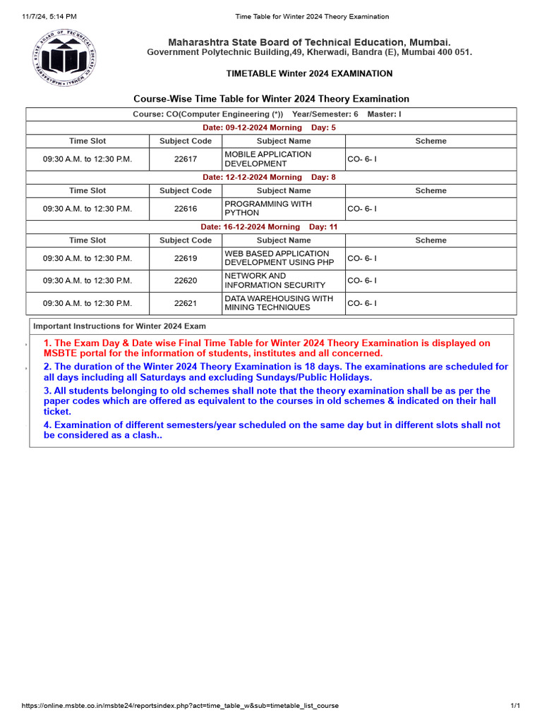 Time Table For Winter 2024 Theory Examination 6I | PDF | Academic Term ...