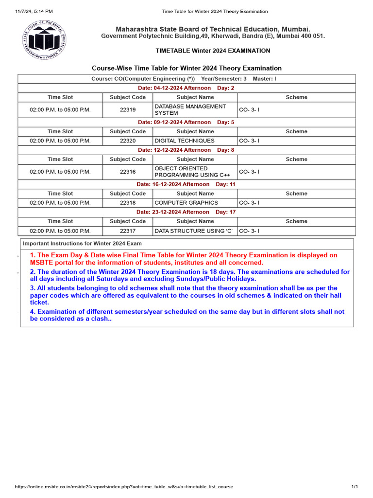 Time Table For Winter 2024 Theory Examination 3I | PDF | Academic Term ...