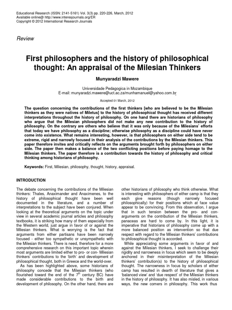 First Philosophers and The History of Philosophical Thought An ...