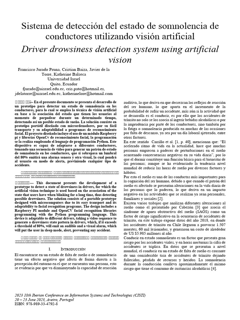 Driver Drowsiness Detection System Using Artificial Vision | PDF | Raspberry Pi | Cuadros por ...