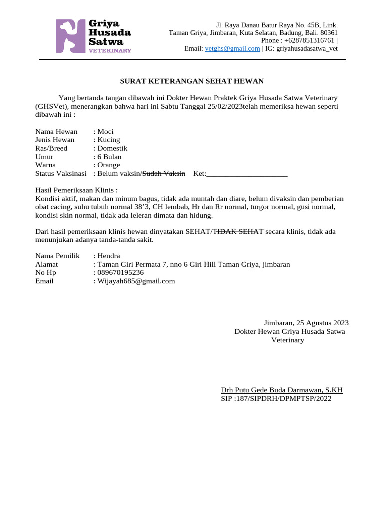 Surat Keterangan Sehat Kucing Moci | PDF