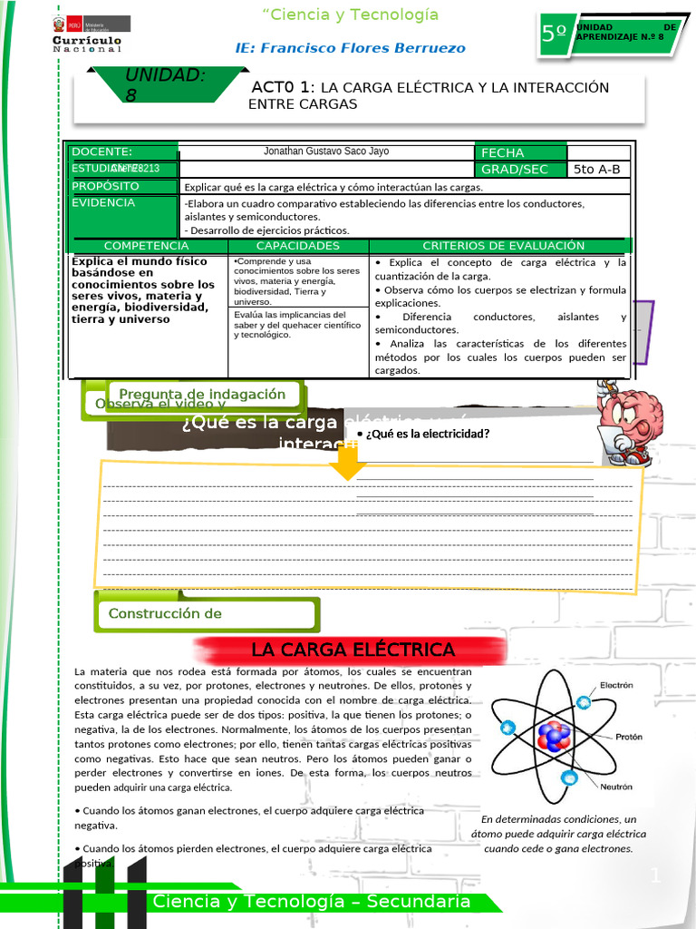 A-5º Act 1-Cyt-Und 8 | PDF | Carga eléctrica | Electrón