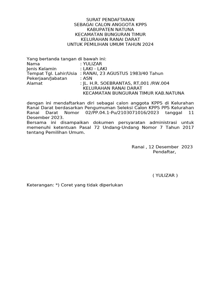 Surat Pendaftaran Kpps | PDF