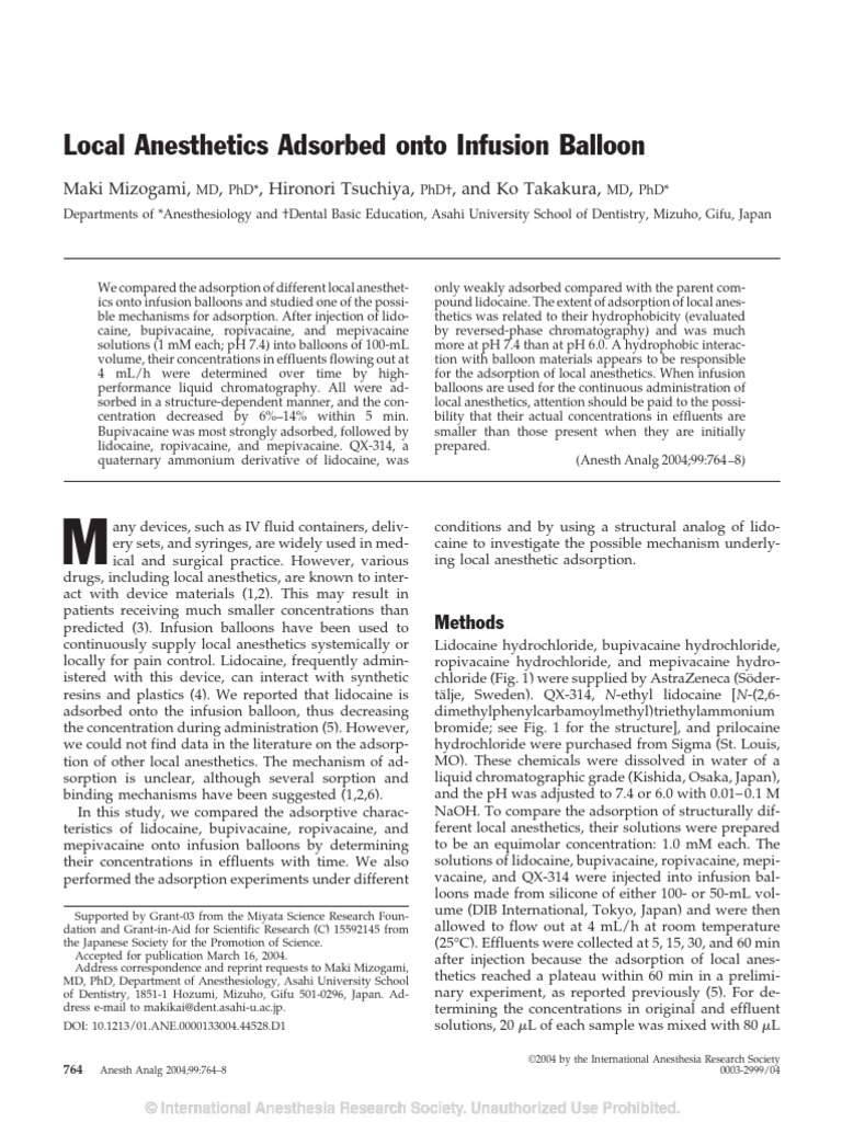 Local Anesthetics Adsorbed Onto Infusion Balloon.25 | PDF | Adsorption ...