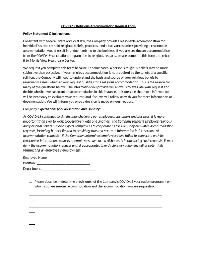 COVID-19 Religious Accommodation Request Form Morris View | PDF ...