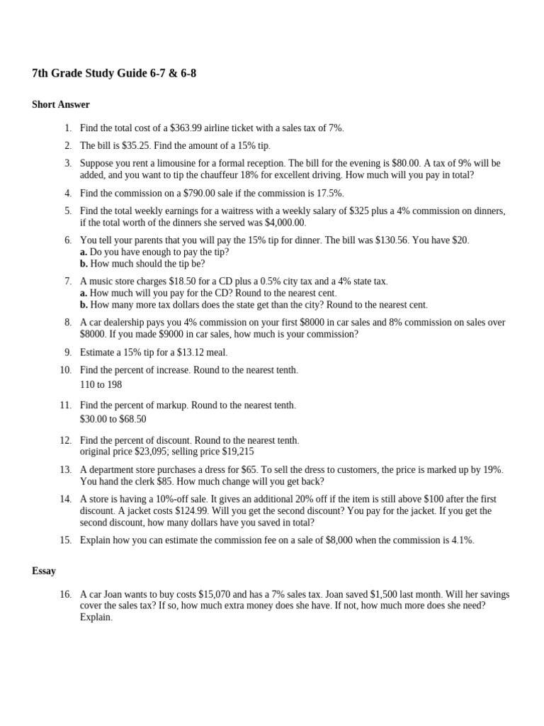 7th Grade Tax and Tip Word Problems | PDF | Sales Taxes In The United ...