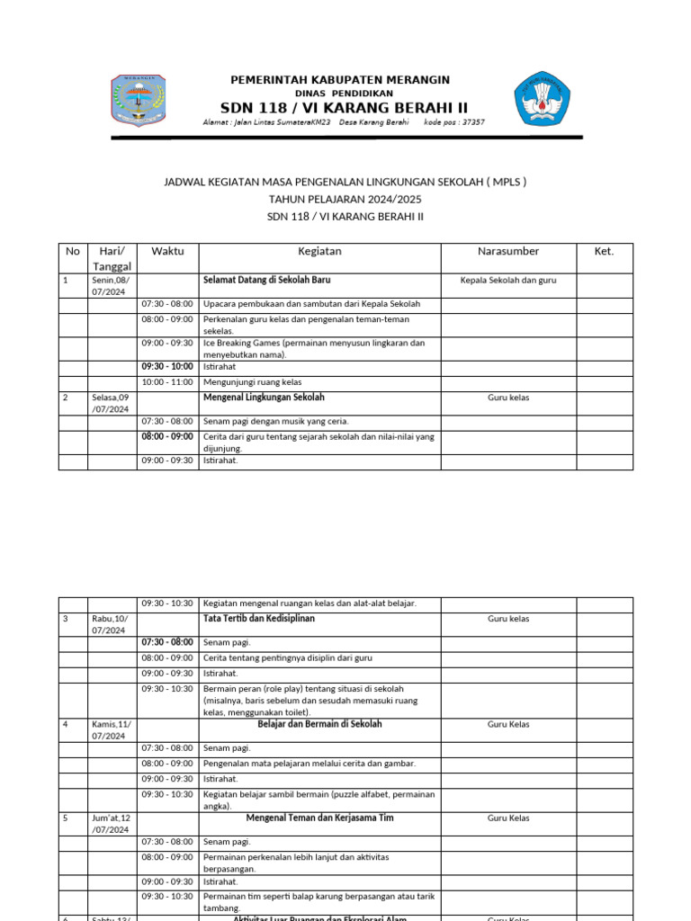 Jadwal MPLS SDN 118 Karang Berahi II | PDF
