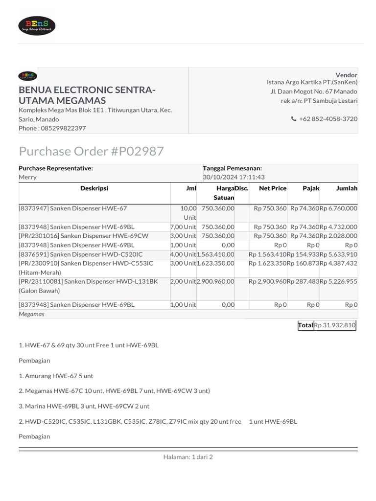 Purchase Order - P02987 | PDF